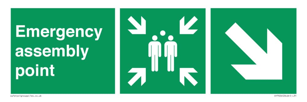 Emergency assembly point directional Down right arrow Sign – 300x100mm ...