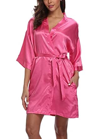 Buy Old-Times Women's Pure Color Silk Kimono Short Robes for ...