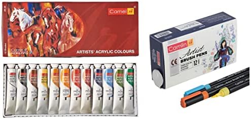 Camel Acrylic Color Box - 20ml Tubes, 12 Shades & Camlin Artist Brush ...