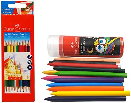 Faber-Castell Bi-Color Pencil Set - Pack of 9 Erasable Crayon Tin Set ...