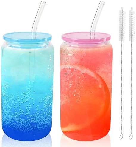 Amazon.com: Joyclub 2pcs Glass Cups with Acrylic Lids and Straws 16 oz ...