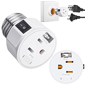 2/3 Prong Light Socket to Plug Adapter with 2 Spare Fuses and Switch ...
