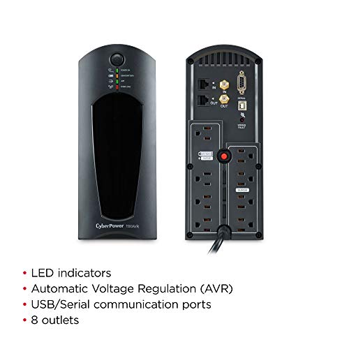 CyberPower AVR UPS System, 1500VA/900W, 8 Outlets, Mini-Tower (CP1500AVRT)