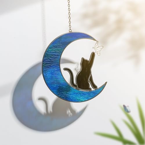 Amazon.com: Cat Stained Glass Suncatcher – Cat on Moon Real Glass ...