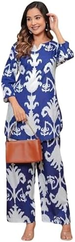 Buy Women's Damask Print Co-ord Set, Blue and White Cotton Kurta with ...