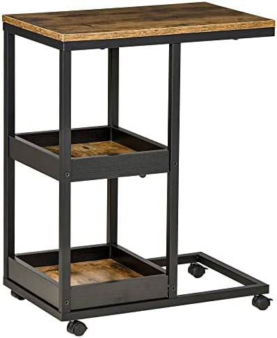 homcom C Shaped Side Table with Wheels, Mobile End Table, Laptop Stand ...