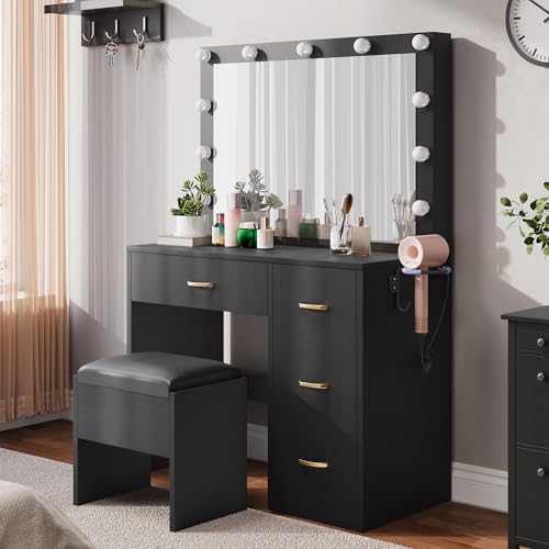YITAHOME Dressing Table,Vanity Table with LED Bulb Mirror,Bedroom ...
