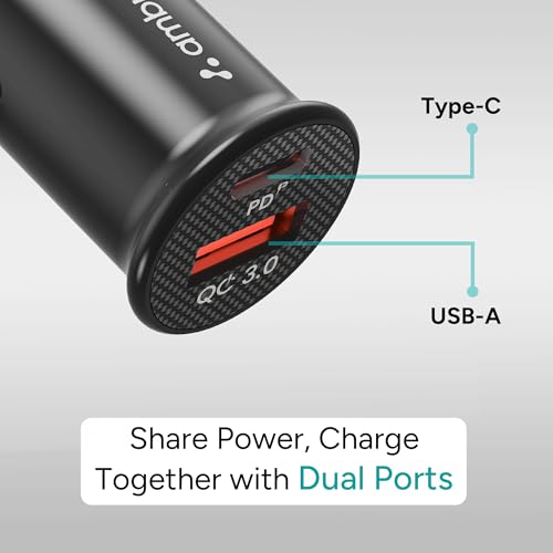 Ambrane 22W Fast Car Charger | Dual Port PD + QC | Type C & USB Car ...
