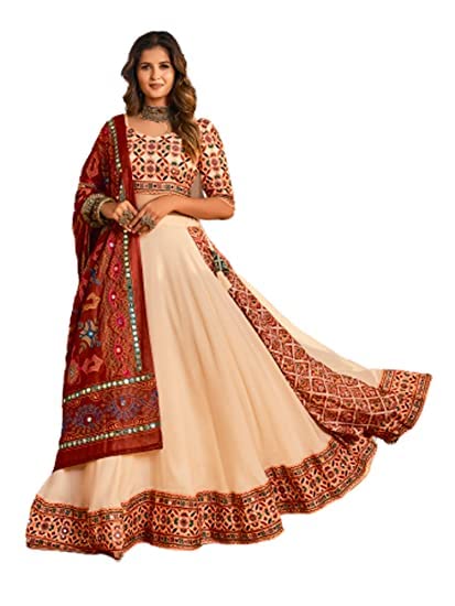 Buy Cream Red Navratri Chaniya Choli Woman Thread work Cotton Ghaghara ...