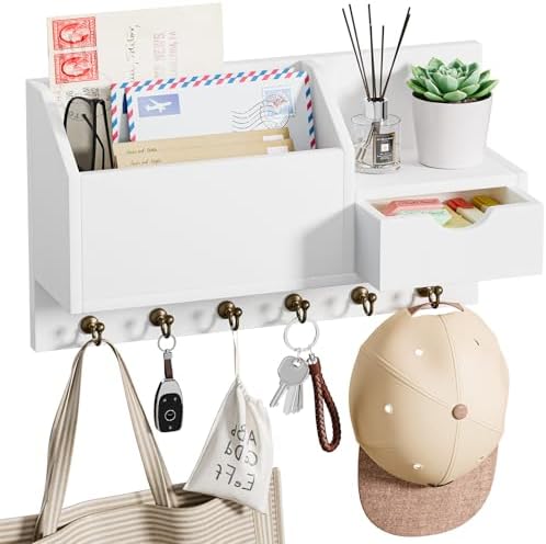 WPAJIRZO Rustic White Wood & Metal Wall Organizer with Key Rack, Shelf ...