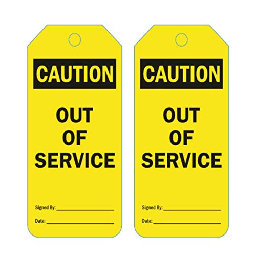 "Caution - Out of Service" Tag, Yellow and Black Vinyl Plastic, 2-Sided ...