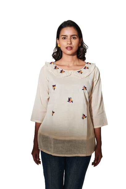 Weaving Cult Ivory MUL Cotton Embriodered Collar Detailing Top | Size ...