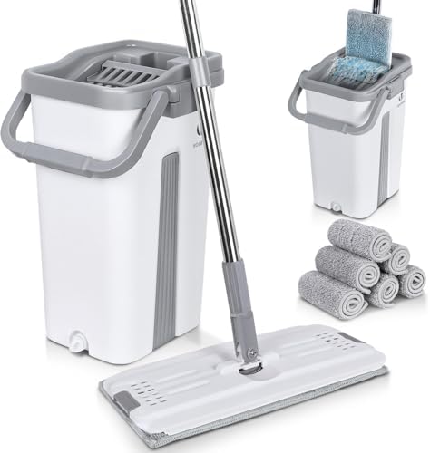 VOUNOT Flat Mop and Bucket set, 2-in-1 Hands Free Squeeze Mop User ...