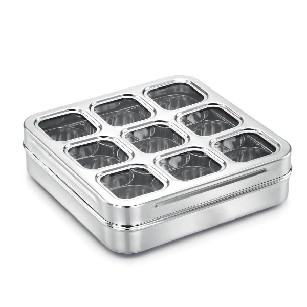 KROWN® 9 Square Stainless Steel Spice Box/Organiser with 9 Compartment ...