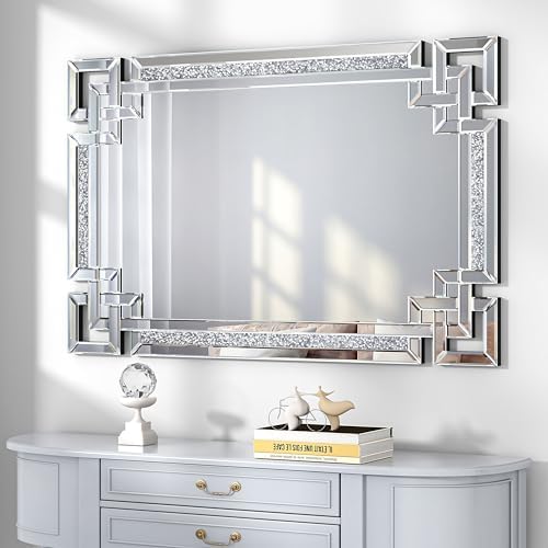 Amazon.com: blingworld 32"x24" Decorative Crystal Mirrors for Wall Decor Living Room Silver ...