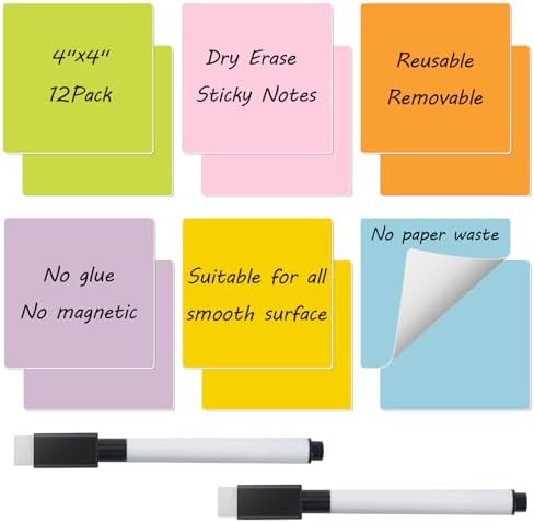 Amazon.com : Reusable Dry Erase Sticky Notes 4"x4", 12PCS Removable ...
