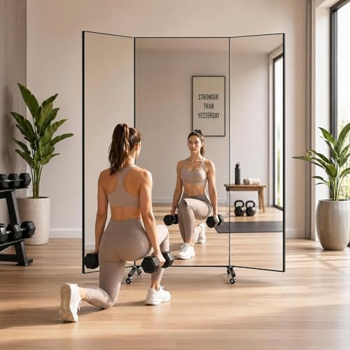 Amazon.com: Fitcleer 71”x67” Full Length Rolling Mirror, 3-Way ...