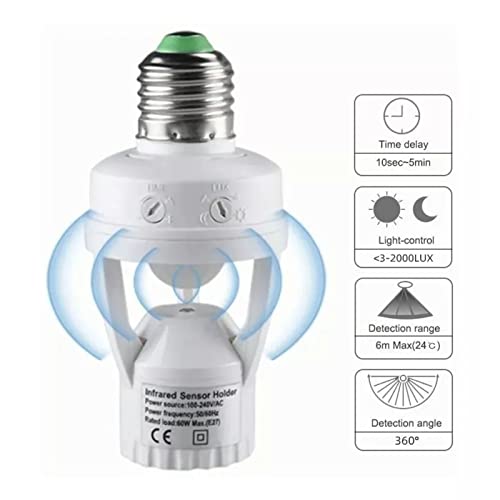 E27 Sensor Light Socket Adjustable Delay Time 6m Sensing Distance IR ...