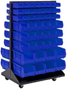 Global Industrial Mobile Double Sided Floor Rack With (64) Blue Bins ...
