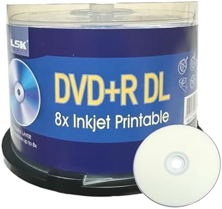 DVD+R DL Double Layer 8X 8.5GB 240min Video, White Inkjet Printable, by LSK Media, 50 Pack in ...