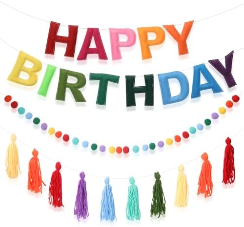 Amazon.com: Happy Birthday Felt Fabric Banner | Pre-strung Rainbow ...