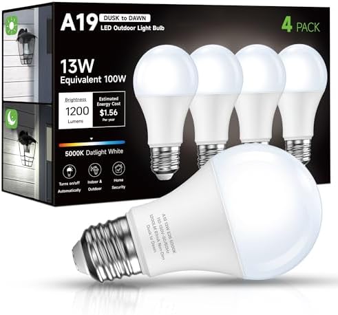 LOHAS Dusk to Dawn Sensor Light Bulbs Outdoor, [4 Pack] A19 12W(100 ...