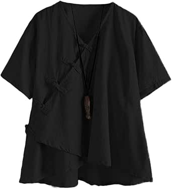 LaovanIn Women's Linen Blouse Tops V Neck Short Sleeve Vintage Tunic ...