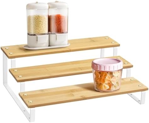 Vegena Spice Rack Kitchen Cabinet Organizer, Bamboo Wood 3-Tier Step ...