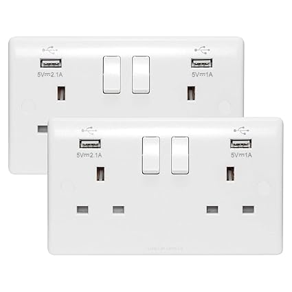 2 x USB Double Wall Plug Socket 2 Gang 13A with 2 USB Charger Port ...