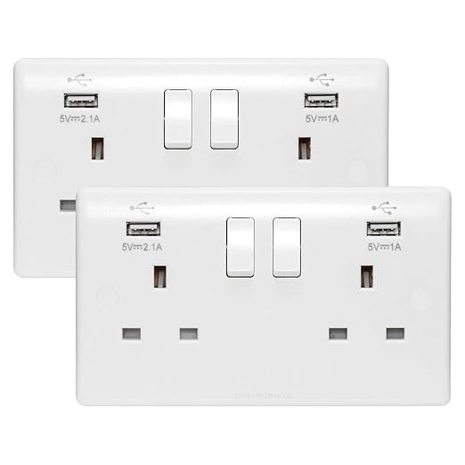 2 x USB Double Wall Plug Socket 2 Gang 13A with 2 USB Charger Port ...