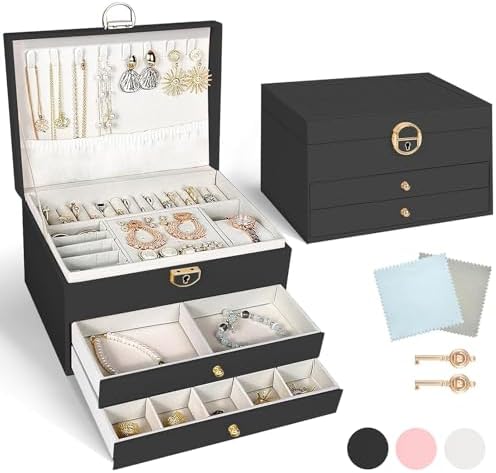 Jewelry Box for Women, 3 Layer Jewelry Organizer with 2 Keys & Cleaning ...
