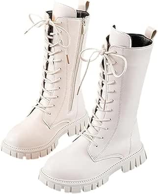 Amazon.com: Girls White Boots For Girls Fall Shoes Lace Up Riding Boots Mid Calf Combat Boots ...