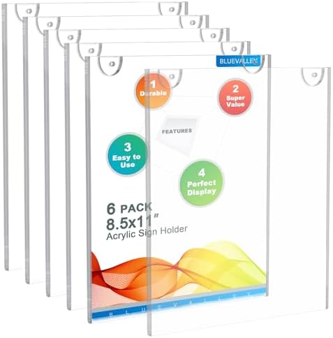 BlueValley Clear Acrylic Sign Holder 8.5x11" Wall Mount, 6 Pack ...
