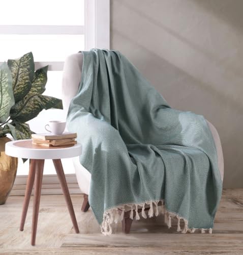 Milam London Green Throw Blanket | Herringbone Throws For Armchairs ...