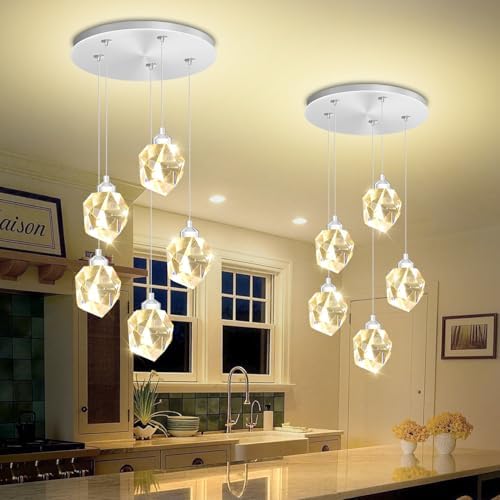 IDEQUY 5-Light Cluster Crystal Raindrop Pendant Lights- 25W LED ...