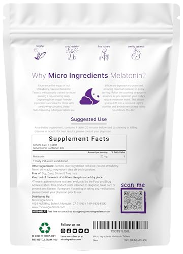 Micro Ingredients Melatonina 20mg Comprimidos, 400 Unidades, Sabor ...