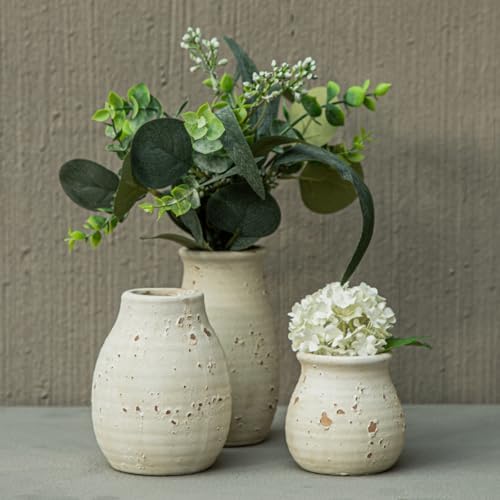 Amazon.com: White Ceramic Vase Set of 3,Small Ribbed Vases for Rustic ...