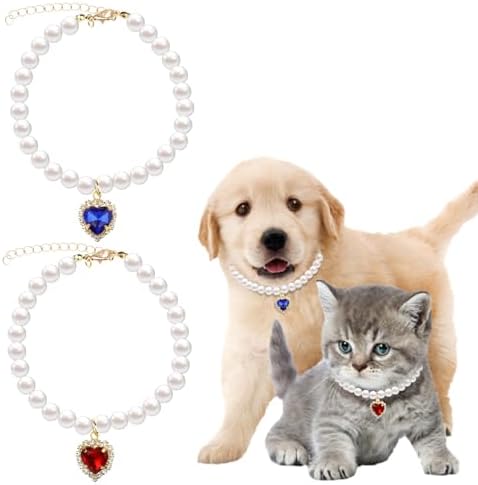 Amazon.com : 2 Pcs Pearl Cat Necklace Cat Collar with Rhinestone Heart ...