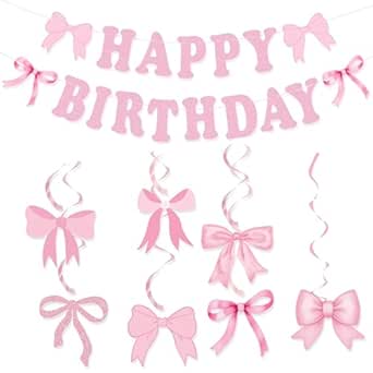 Pink Bow Happy Birthday Banner Bow Party Hanging Swirls Decor Bow ...