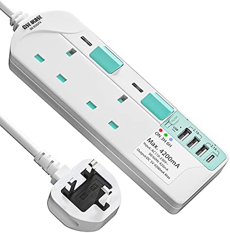 SE UKASE Extension Lead with USB Slots(5V/4.2A), 6 Way Plug Sockets ...