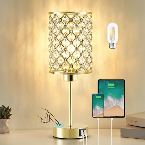 Crystal Table Lamp, Gold Touch Lamp for Nightstand with USB C+A Ports ...
