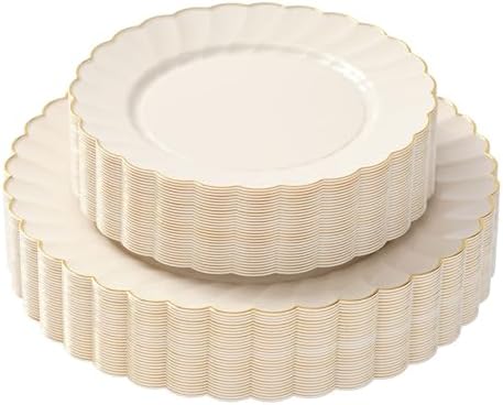 Amazon.com | By Madee 60 Pcs Ivory Scalloped Plastic Plates with Gold ...