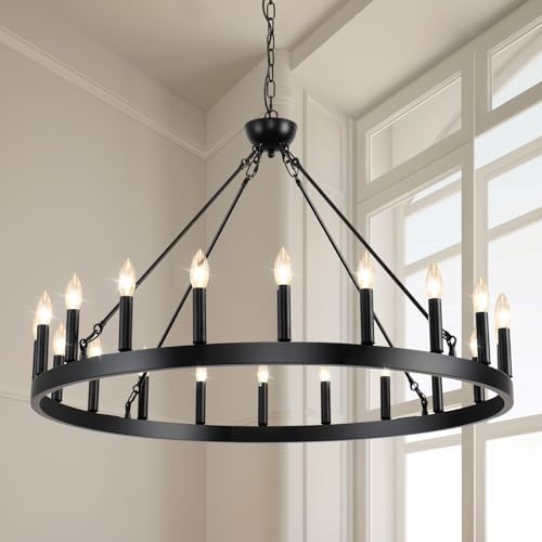 VBKK Black Wagon Wheel Chandelier 40“ 20-Light, Large Modern Industrial ...