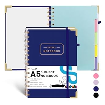 Koogel Hardcover Spiral Notebook with Tabs, 5 Subject A5 Composition ...