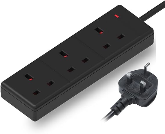 2M 3 Gang Socket Extension Lead UK Pin Plug and Cable Black Multi ...