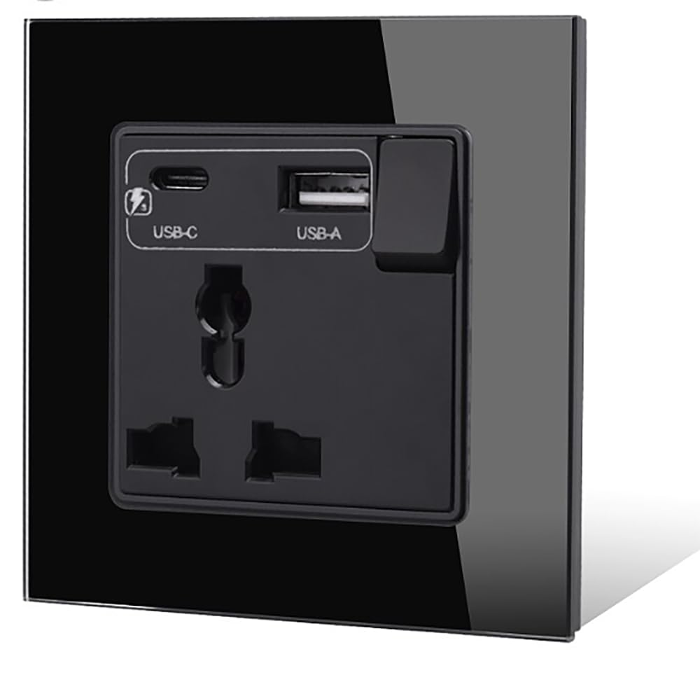 Black single socket 13A Glass Panel 18W Type-C, QC3.0 Type-A USB Quick ...