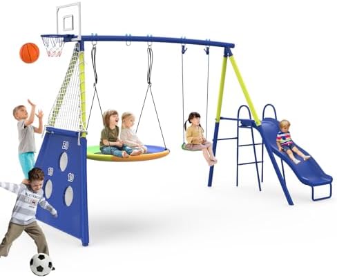 Amazon.com: Costzon Swing Sets for Backyard, 6 in 1 Heavy-Duty Metal ...