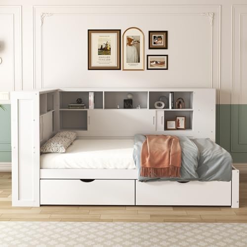 LTGB Platform Bed with Trundle & Bookcase & USB, 3ft Single Bed ...