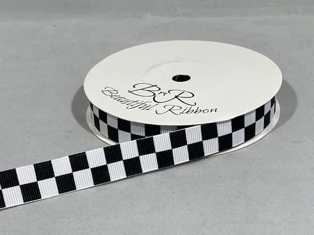 2 metres x 15mm Woven Ribbon Black & White Square Block Checker F1 ...