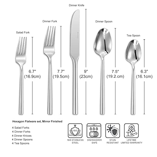 KEAWELL 30-Piece Hexagon Cutlery Set, 18/0 Stainless Steel, Mirror ...